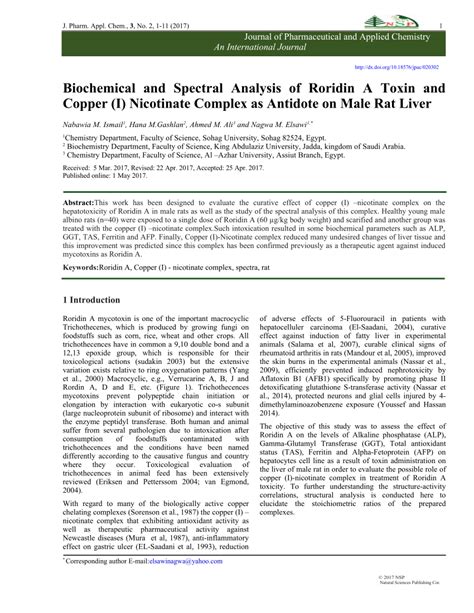 Pdf Biochemical And Spectral Analysis Of Roridin A Toxin And Copper I Nicotinate Complex As