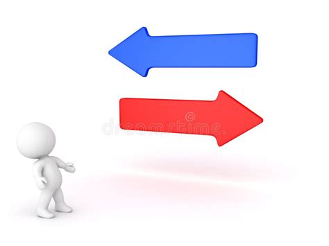 3d Character Looking A Red And Blue Arrows Pointing In Opposite Stock