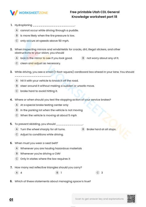 Free Printable Utah Cdl General Knowledge Worksheet Part 18