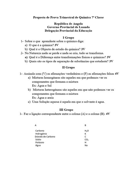 Prova Trimestral De Química Da 7 8 E 9 Classe ColÉgio Zely Pdf