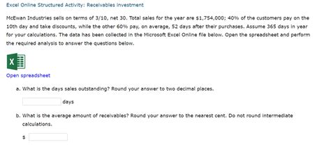 Excel Online Structured Activity Receivables Chegg
