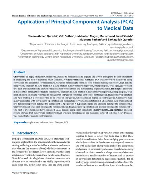 Pdf Application Of Principal Component Analysis Pca To Medical Data