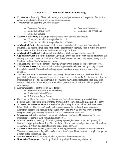 Econ 1010 Chapter Summary Chapter 1 Economics And Economic Reasoning