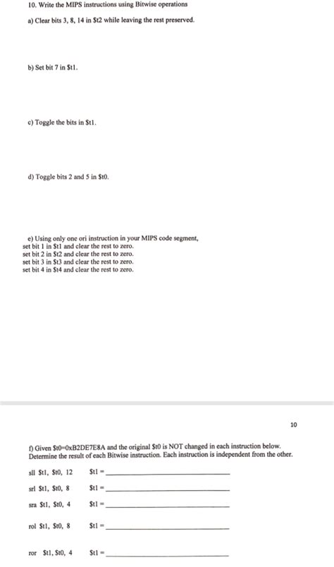 Solved 10 Write The Mips Instructions Using Bitwise