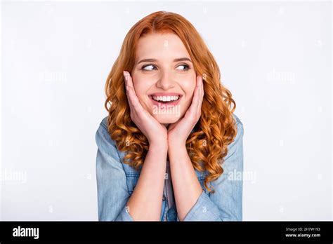 Photo Of Young Attractive Girl Happy Positive Smile Hand Touch Cheeks