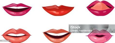 여성 입술 설정 다른 립스틱 색상으로 입 및 다양 한 감정을 흰색 배경에 그림을 벡터 관능에 대한 스톡 벡터 아트 및 기타