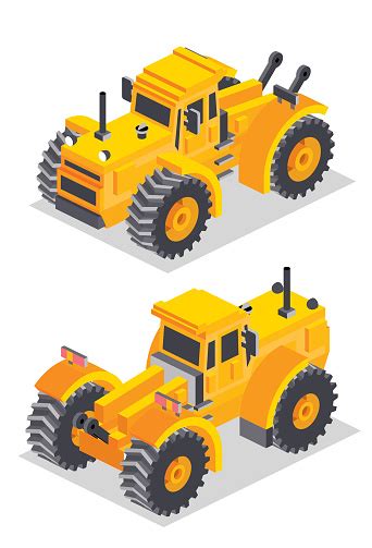 아이소 메트릭 현대 노란색 농업 트랙터 전면 및 후면 뷰 흰색 배경에 고립된 그림입니다 3차원 형태에 대한 스톡 벡터 아트 및 기타 이미지 Istock