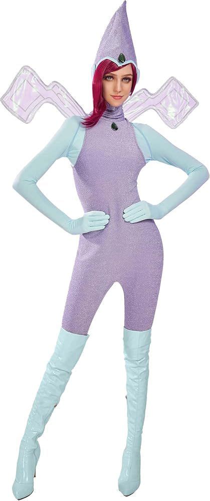 Winx Club Womens Tecna Cosplay Fairy Costume Outfit Jumpsuit With Hat And A Pair Of Wings