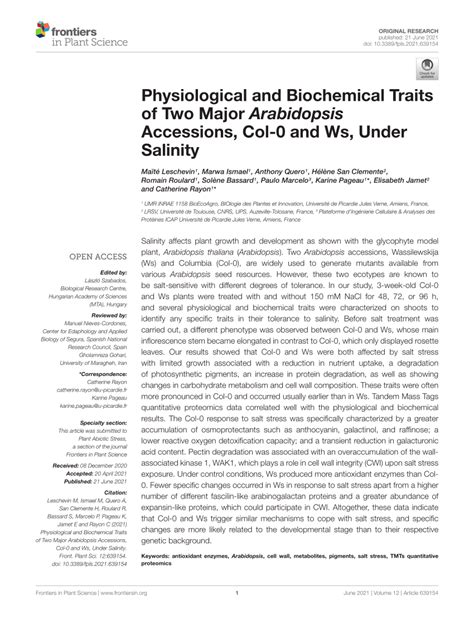 Pdf Physiological And Biochemical Traits Of Two Major Arabidopsis