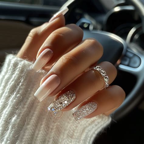 Elegant Winter Nails Long White Ombre Acrylic Gel Nails With Diamond