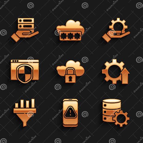 Set Cloud Computing Lock Mobile With Exclamation Mark Server And Gear Arrow Growth Sales