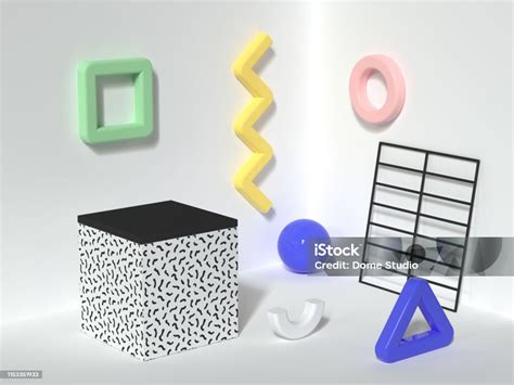다채로운 기하학적 모양과 벽 바닥 코너 흰색 장면 최소한의 추상 3d 렌더링 연단 배경 3차원 형태에 대한 스톡 사진 및 기타