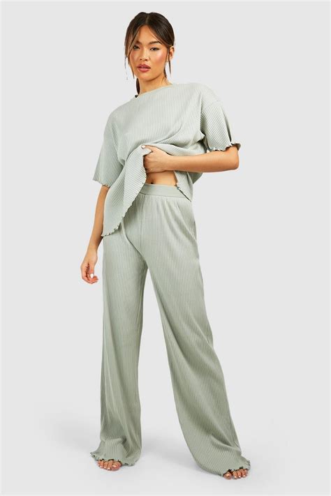 Rib Wide Leg Trouser Boohoo Uk