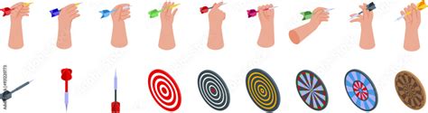 Hand Holds Dart Icons Set Set Of Icons Representing The Game Of Darts