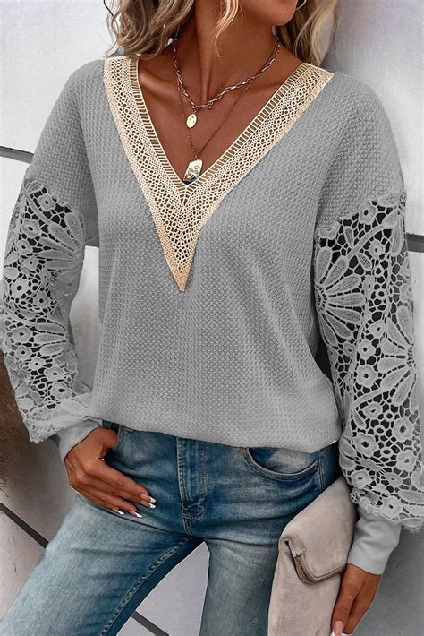 Gray Lace Splicing V Neck Puff Sleeve Top Long Sleeve Tops Lace Top