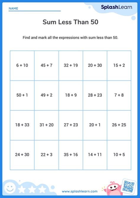 Addition Expressions With Sum Less Than 50 Worksheet