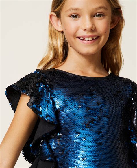 Full Sequin Dress With Flounces Girl Blue Twinset Milano