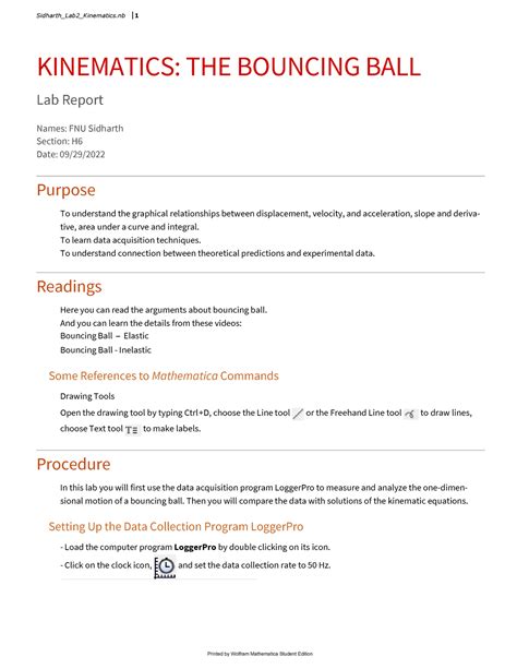 Lab2 Kinematics Kinematics The Bouncing Ball Lab Report Names Fnu Sidharth Section H Date