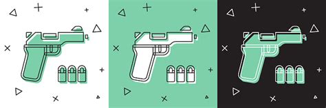 흰색과 녹색 검은 색 배경에 격리 권총 또는 총 아이콘을 설정합니다 경찰 또는 군용 권총 작은 총기 벡터 가능성에 대한 스톡