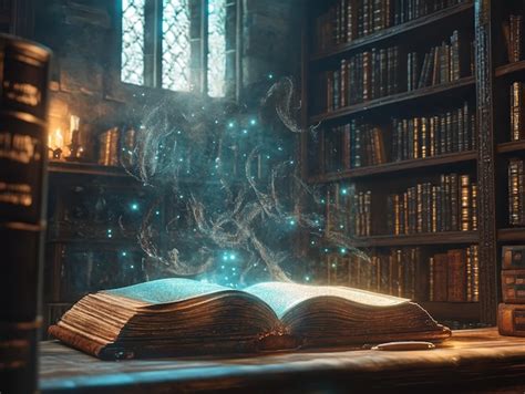 Mystic library with floating glowing books and ancient tomes | Premium AI-generated image