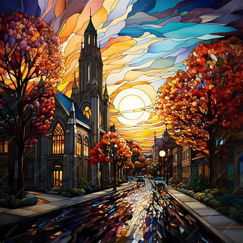 Premium Ai Image Urban Cityscape Stained Glass Window Effect