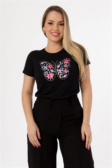 T Shirt Borboleta Flores Stras Preto Atacado Tshirt Use Criativa