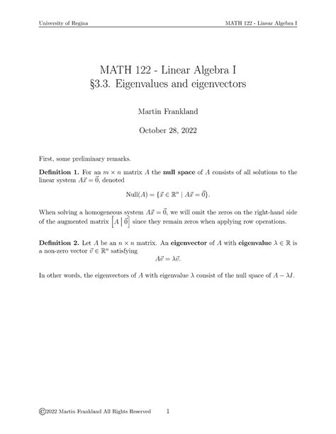 Math122 3 3 Eigenvectors Math 122 Linear Algebra I 3 Eigenvalues And Eigenvectors Martin
