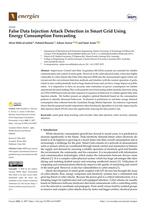 Pdf False Data Injection Attack Detection In Smart Grid Using Energy Consumption Forecasting