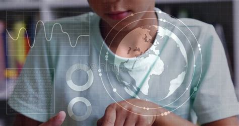 Using Touchscreen Device Person Analyzing Global Data With Animated Interface Stock Footage Using Touchscreen Device Person Analyzing Global Data With Animated Interface Stock Footage