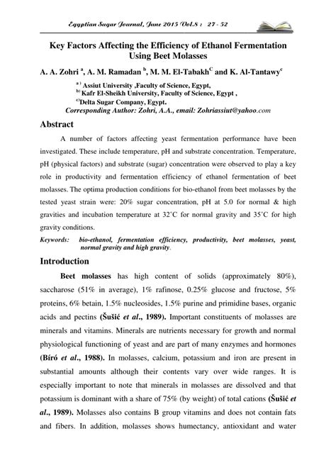 Pdf Key Factors Affecting The Efficiency Of Ethanol Fermentation