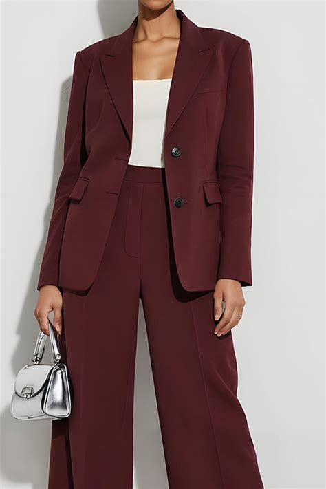 Queendancer Women Burgundy Notched Lapel Long Sleeves Business Suits 2