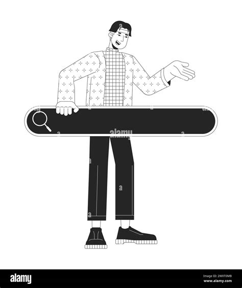 Happy Asian Man With Search Bar Black And White 2d Line Cartoon Character Stock Vector Image