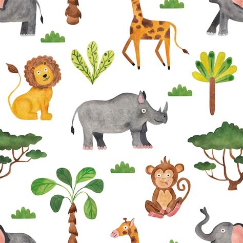 Animais africanos girafa leão elefante rinoceronte e macaco padrão sem
