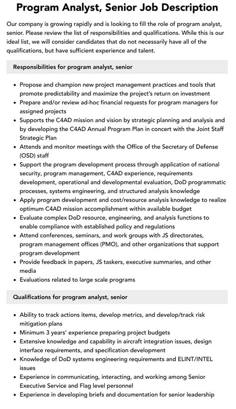 Program Analyst Senior Job Description Velvet Jobs