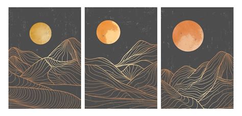 창조적 인 미니멀리스트 현대 라인 아트 인쇄 세트 산 달 바다 스카이 라인 웨이브 벡터 일러스트와 함께 추상 산 현대 미적 배경 풍경 프리미엄 벡터