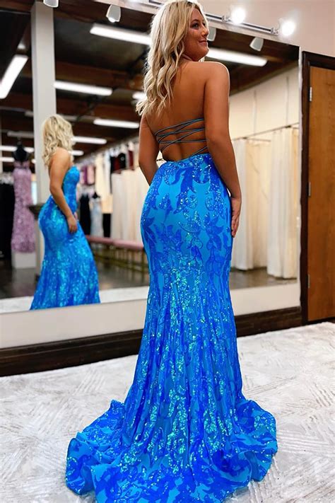 Queendancer Women Sparkly Blue Strapless Prom Dress Mermaid Sequins