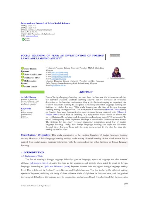 Pdf Social Learning Of Fear An Investigation Of Foreign Language Learning Anxiety