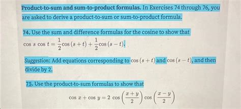 Solved Product To Sum And Sum To Product Formulas In Chegg Com