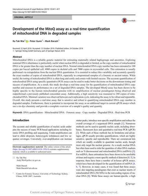 Development Of The Mitoq Assay As A Real Time Quantification Of