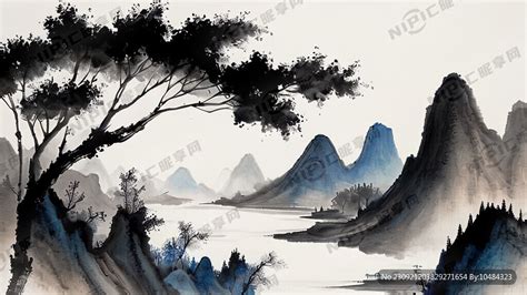 AI创作图写意山水画 简约 彩色 淡雅 远景 山川河流 连绵起伏 横版 高清nipic 昵图网