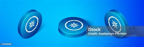 파란색 배경에 격리된 Isometric 나침반 아이콘입니다 윈드로즈 네비게이션 기호입니다 바람 장미 기호 파란색 원 버튼입니다