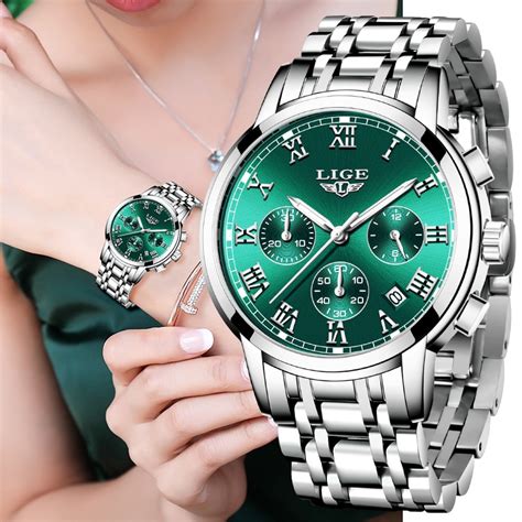LIGE montre de luxe pour femmes en acier inoxydable chronographe à