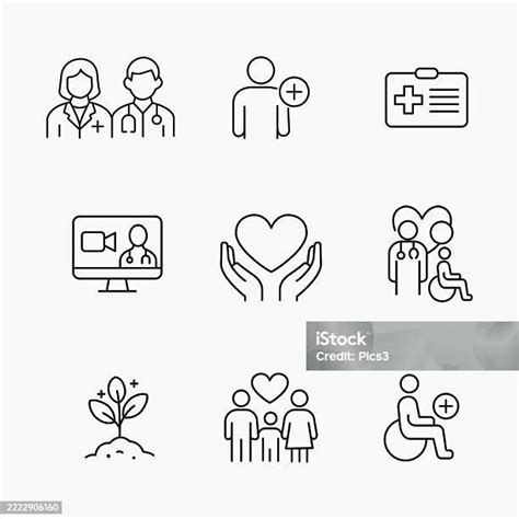 포괄적인 의료 서비스 접근성 및 형평성 개념을 나타내는 개요 아이콘 집합으로 의료 사회 또는 웰빙 디자인에 이상적입니다 간호사에 대한 스톡 벡터 아트 및 기타 이미지