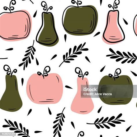 귀여운 추상 가을 이음새가 없는 벡터 패턴 배경 일러스트레이션과 녹색과 분홍색 호박과 검은 잎 10월에 대한 스톡 벡터 아트 및