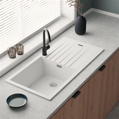 Modern White Kitchen Sink With Black Faucet Kitchen Sink Work Surface