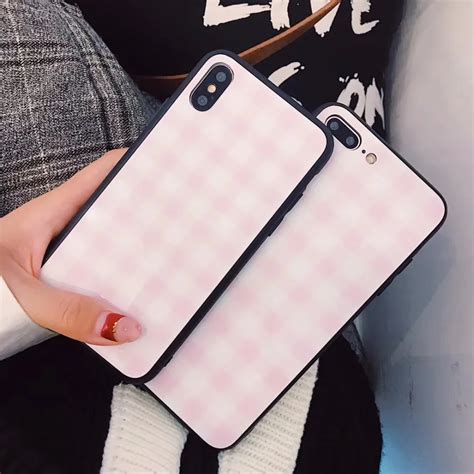 New Fashion Pink Plaid Tempered Glass Cover Case For Iphone Plus