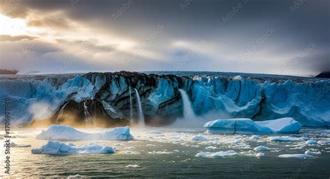 A Dramatic Scene Of A Massive Glacier Melting Into Cascading Waterfalls