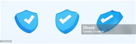 3d Icon Safety Shield Check Mark Perspective Set Blue Symbol Security
