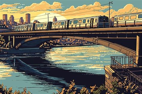 Uma Pintura De Um Trem Passando Por Uma Ponte A Cidade Ao Fundo
