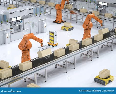 Automation Factory Or Cargo With Robot Arms And Warehouse Robots Stock Illustration